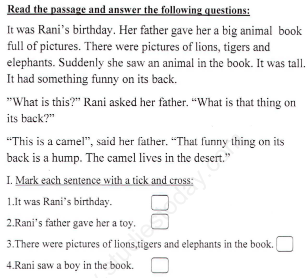 CBSE Class 1 English Reading Comprehension Assignment